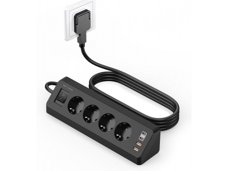 UGAONI PRODUŽNI kabal, 8 u1, 4 utičnice +2xUSB+2xC por