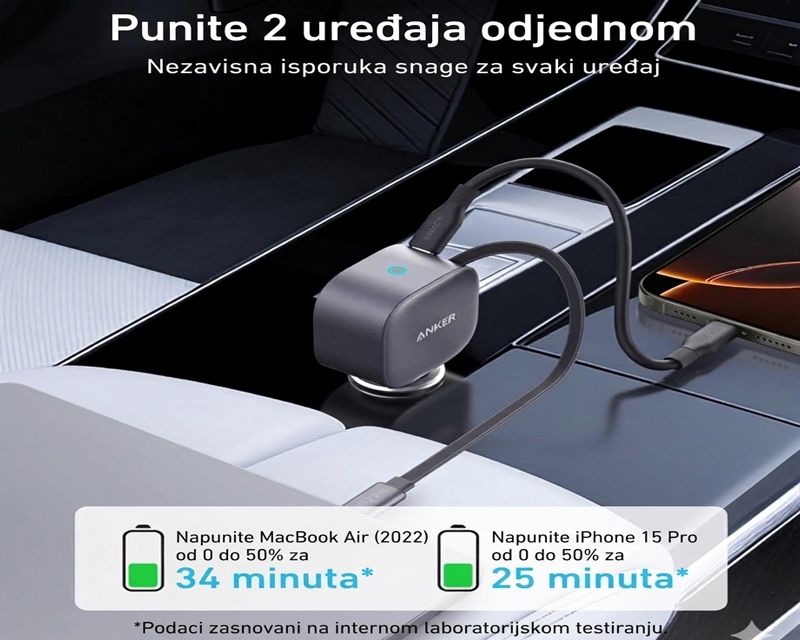 ANKER Nano 75W, sa ugrađenim USB-C kablom na izvlačenje i USB-C portom, auto punjač