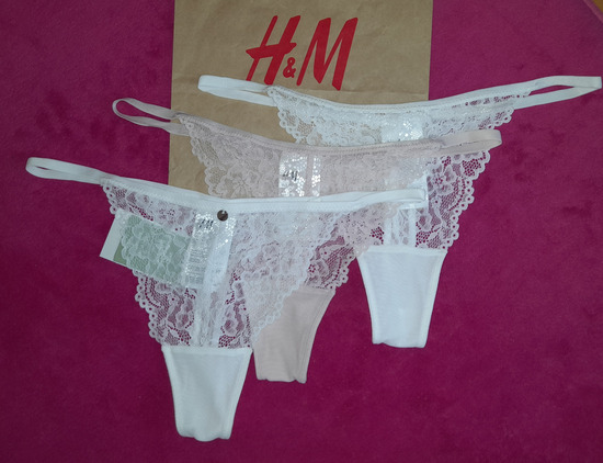H&M 3kom bele, roze tange cipka NOVO!%
