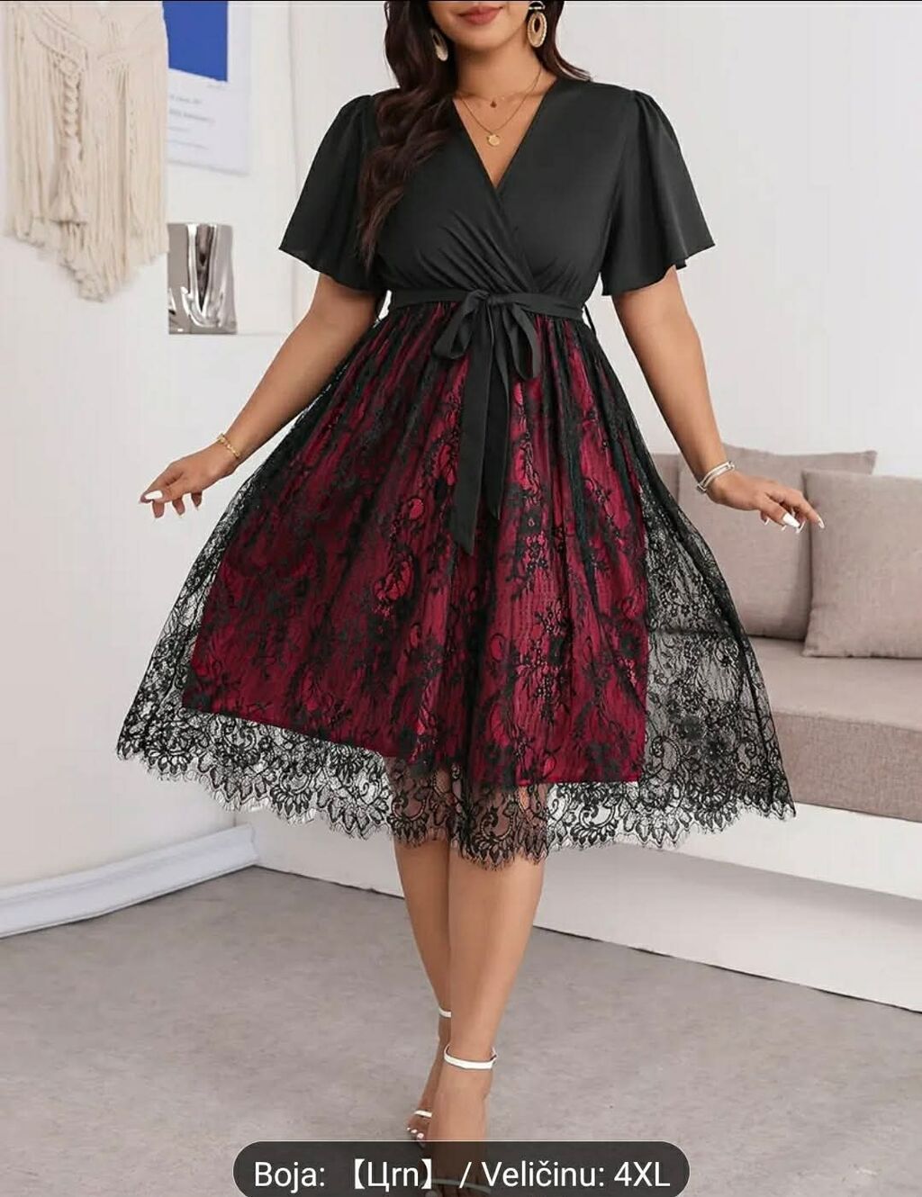 Elegantna midi haljina sa čipkom – plus size (4XL) - Gornji deo: crna