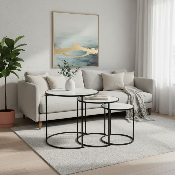 Set 3 stočića Marble, dia. 50/40/30 cm, beli