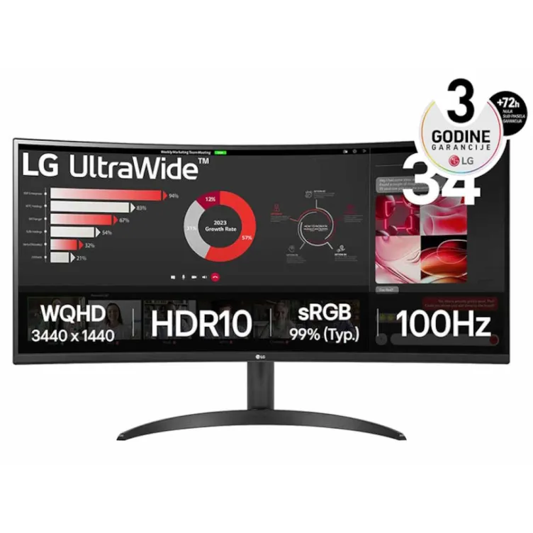 Monitor LG 34WR50QK-B.AEU 34"/VA,21:9,zakrivljen/3440x1440/100Hz/5ms GtG/HDMIx2,DP/crna