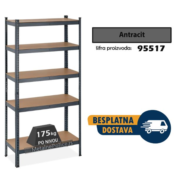 Polica metal-medijapan 180x90x45cm, 5x175kg antracit