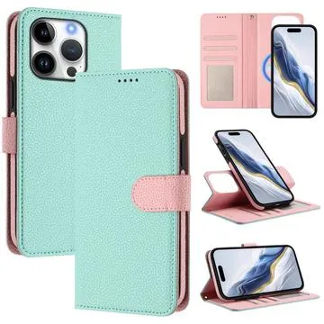 IPHONE 16 PRO DETACHABLE WALLET CASE WITH MAGSAFE, RFID PROTECTION & HAND STRAP - MINT / PINK