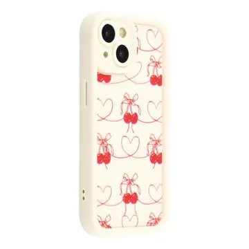 IPHONE 14 PLUS STYLISH SHOCKPROOF TPU CASE WITH RAISED EDGES - WHITE / BOW-TIED CHERRIES