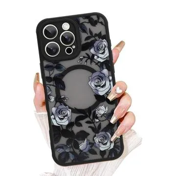 IPHONE 14 PRO MAX VINTAGE ROSE FLOWER PATTERN HYBRID CASE - MAGSAFE COMPATIBLE - BLACK