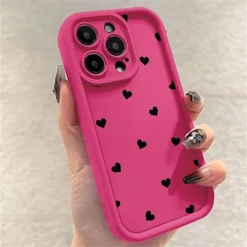 IPHONE 14 PRO MAX HEART PATTERN SHOCKPROOF TPU CASE WITH RAISED EDGES - HOT PINK