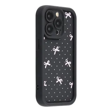IPHONE 13 PRO MAX STYLISH SHOCKPROOF TPU CASE WITH RAISED EDGES - BLACK / POLKA DOT BOW