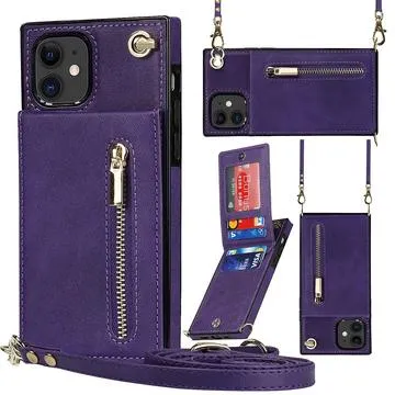 IPHONE 11 HYBRID CASE WITH WALLET AND LANYARD - PURPLE