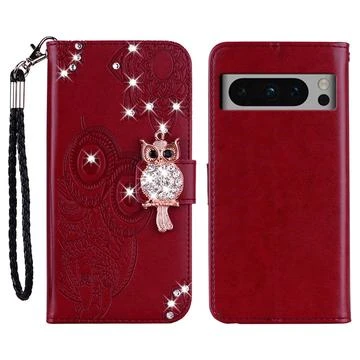 GOOGLE PIXEL 8 PRO OWL RHINESTONE WALLET CASE - RED