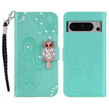 GOOGLE PIXEL 8 PRO OWL RHINESTONE WALLET CASE - CYAN