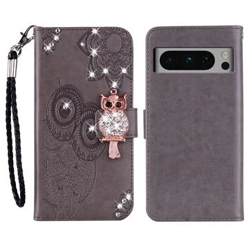 GOOGLE PIXEL 8 PRO OWL RHINESTONE WALLET CASE - GREY