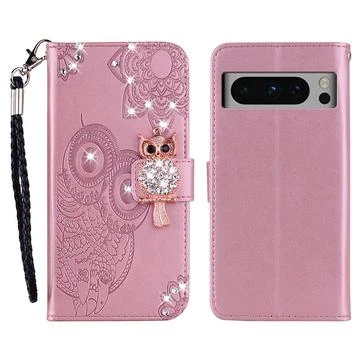 GOOGLE PIXEL 8 PRO OWL RHINESTONE WALLET CASE - ROSE GOLD