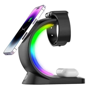 T17 3-IN-1 RGB LIGHT MAGNETIC WIRELESS CHARGER FOR IPHONE 12/13/14/15/16/17/AIR SERIES DESKTOP FAST CHARGING STAND COMPATIBLE WITH MAGSAFE - BLACK