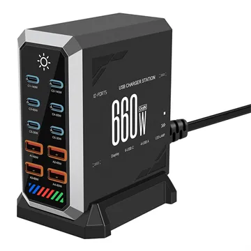 HHW 660W GAN 10-PORT USB-C CHARGER STATION - 6XUSB-C, 4XUSB-A - BLACK