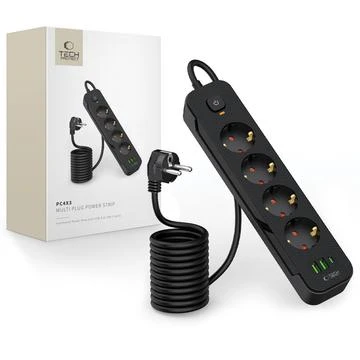 TECH-PROTECT PCL4X3 POWER SOCKET - 4 SOCKETS WITH 2 USB-A & 1 USB-C, 200CM CABLE - BLACK
