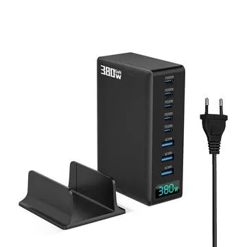 380W GAN DESKTOP CHARGING STATION WITH DIGITAL POWER DISPLAY - 8 PORTS - BLACK