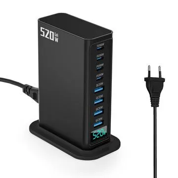 520W GAN 5.0 DESKTOP CHARGING STATION WITH DIGITAL POWER DISPLAY - 8 PORTS - BLACK