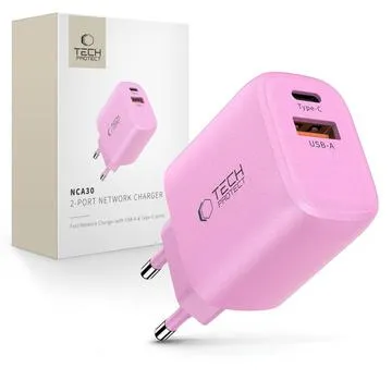 TECH-PROTECT NCA30 DUAL-PORT CHARGER - 30W USB-C PD AND 18W USB-A QC3.0 - BABY PINK
