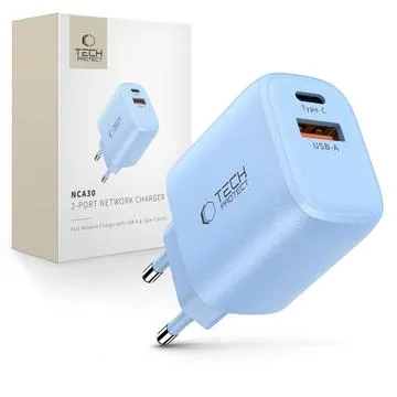 TECH-PROTECT NCA30 DUAL-PORT CHARGER - 30W USB-C PD AND 18W USB-A QC3.0 - BABY BLUE