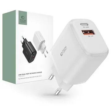 TECH-PROTECT C20W 2-PORT WALL CHARGER - PD20W, QC3.0 - WHITE