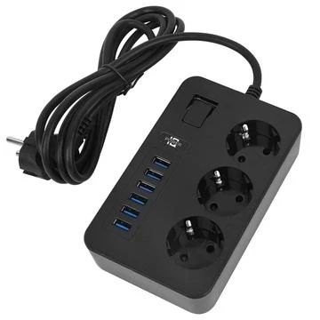 EU PLUG 3000W HIGH POWER STRIP 2M EXTENSION CABLE 3 AC OUTLETS WITH 6 USB OUTPUT PORT (CE CERTIFIED)