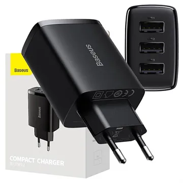 TEKST JE: BASEUS COMPACT QUICK CHARGER CCXJ020101, 3X USB, 17W - CRNI