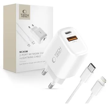 TECH-PROTECT NCA45W-GAN 2-PORT FAST CHARGER 45W WITH LIGHTNING CABLE - WHITE