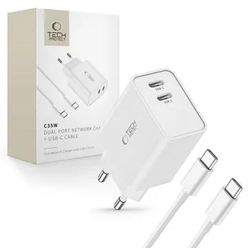 TECH-PROTECT C35W DUAL-PORT USB-C WALL CHARGER WITH USB-C CABLE - WHITE