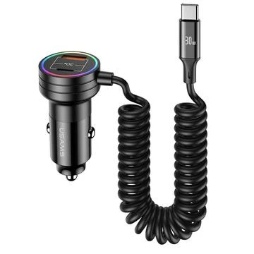 USAMS US-CC167 CAR CHARGER 60W WITH USB-C, USB-A PORTS AND USB-C CABLE - BLACK