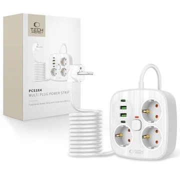 TECH-PROTECT PCS3X4 POWER STRIP - 3 AC OUTLETS, 2 USB-A & 2 USB-C PORTS, 2M CABLE - WHITE