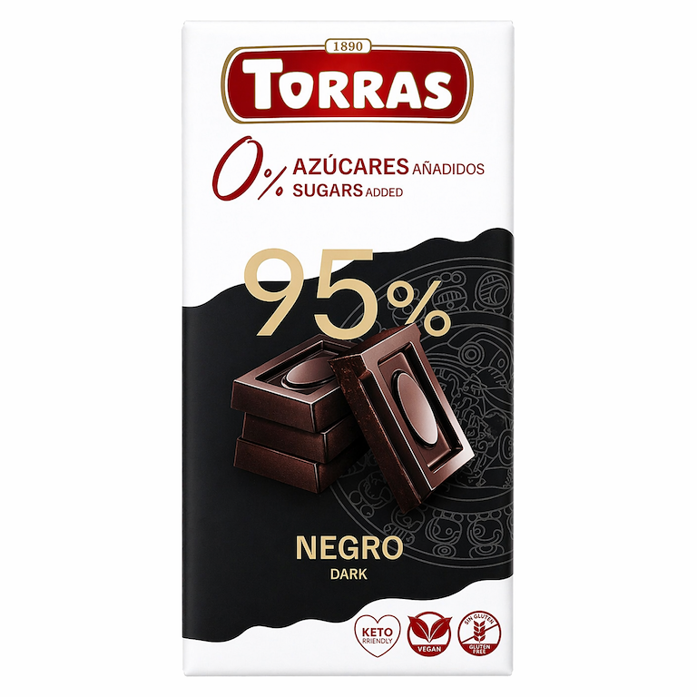 CRNA ČOKOLADA 95% KAKAO BEZ ŠEĆERA I GLUTENA 75G TORRAS