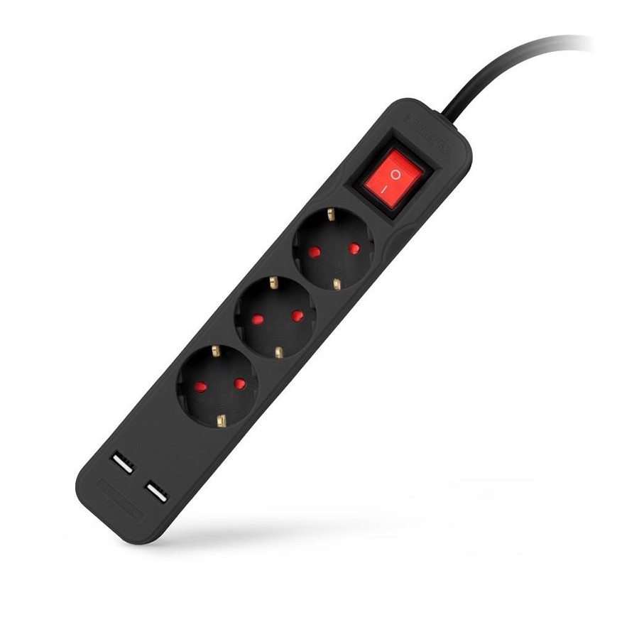 Produzni kabel sa 3 mesta/1.5m +p+USB 3x1.5 16A 250V crna