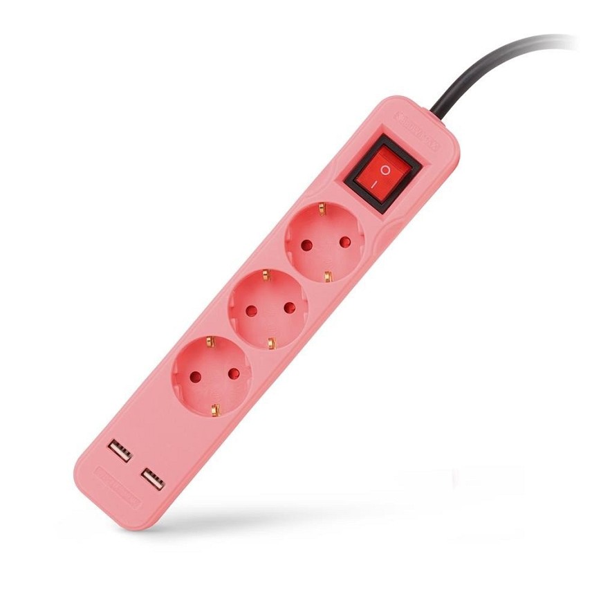 Produzni kabel sa 3 mesta/1.5m +p+USB 3x1.5 16A 250V pink