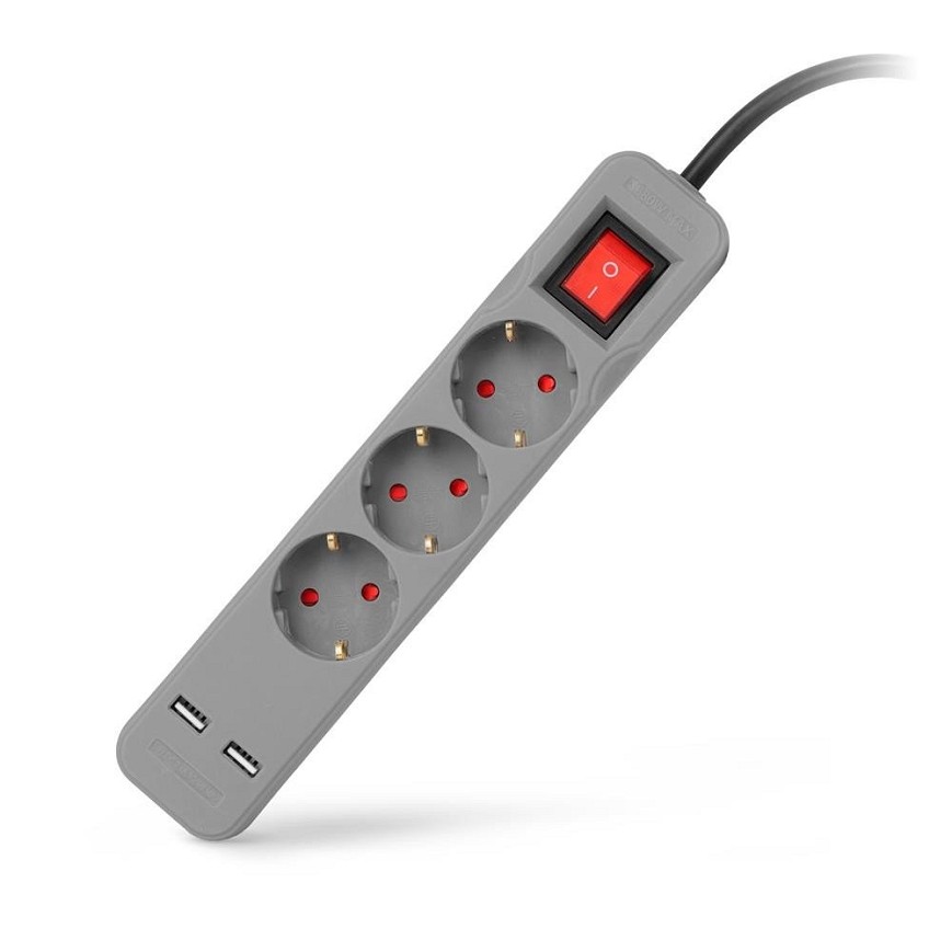 Produzni kabel sa 3 mesta/1.5m +p+USB 3x1.5 16A 250V siva