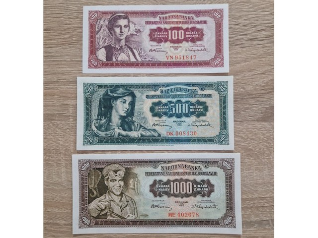 100, 500 i 1000 dinara 1955 UNC