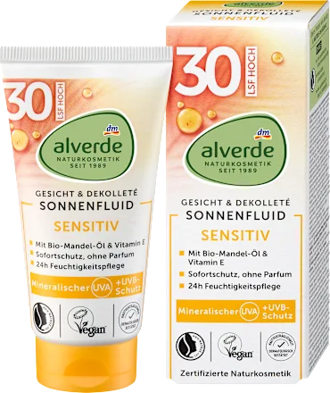 alverde NATURKOSMETIK
Fluid za zaštitu od sunca osetljive kože lica i dekoltea, sa visokim faktorom zaštite SPF30, 50 ml