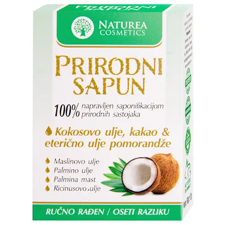 NATUREA COSMETICS
PRIRODNI sapun - kokosovo ulje, kakao & eterično ulje pomorandže, 80 g