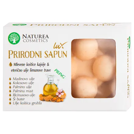 NATUREA COSMETICS
Lux PRIRODNI sapun masažer, mlevene koštice kajsije i eterično ulje limunove trave, 115 g