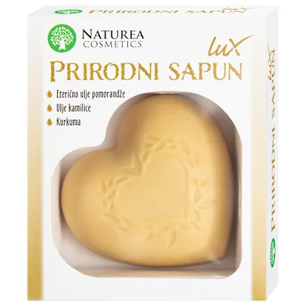 NATUREA COSMETICS
Lux PRIRODNI sapun u obliku srca - eterično ulje pomorandže, kamilice i kurkume, 105 g