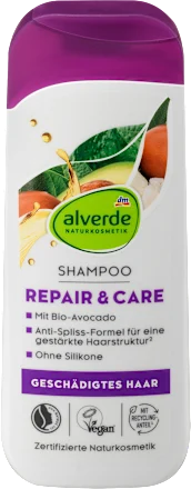 alverde NATURKOSMETIK
REPAIR & CARE šampon za oštećenu i lomljivu kosu – avokado i ši puter, 200 ml