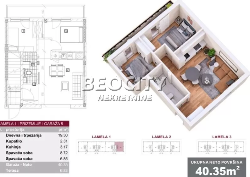 Trosoban stan, 40 m2, Veternik ID: 131637