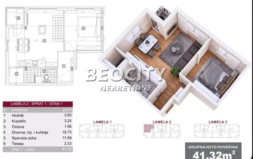 Trosoban stan, 40 m2, Veternik ID: 131606