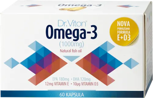 Dr.Viton
Omega-3 (1000 mg) - prirodno riblje ulje: 12mg Vitamin E + 10µg Vitamin D3, 60 kom