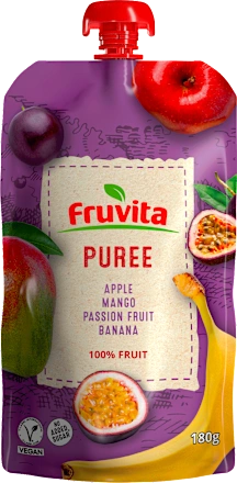 Fruvita
Voćni pire - jabuka, mango, marakuja i banana, 180 g