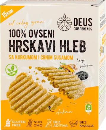DEUS CRISPBREADS
100% OVSENI HRSKAVI HLEPČIĆI SA KURKUMOM I CRNIM SUSAMOM, 150 g