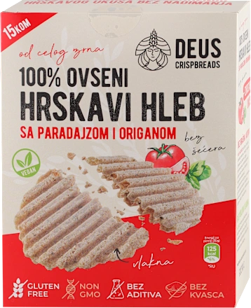 DEUS CRISPBREADS
100% OVSENI HRSKAVI HLEB SA PARADAJZOM I ORIGANOM, 150 g