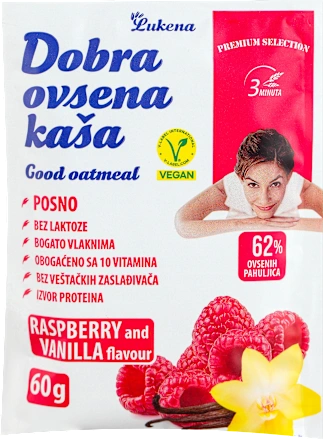 Dobra ovsena kaša
Ovsena kaša - malina i vanila, 60 g