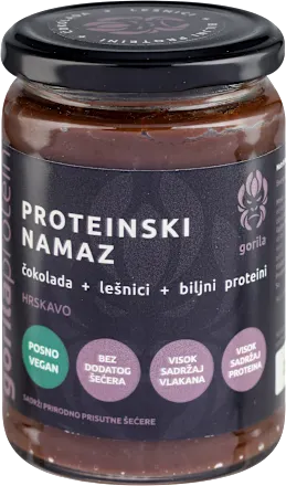 gorilaprotein
PROTEINSKI NAMAZ - čokolada+lešnik+biljni protein, 375 g