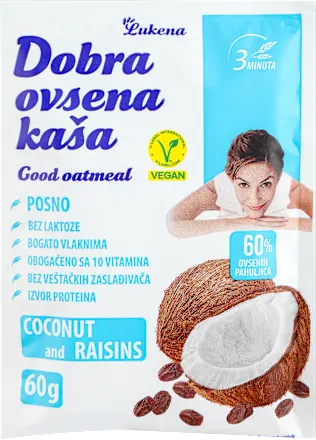 Dobra ovsena kaša
Ovsena kaša - kokos i suvo grožđe, 60 g